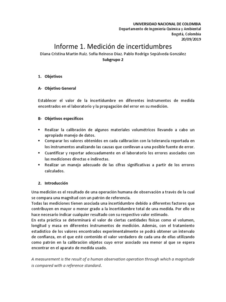 Informe 1 | PDF | Medición | Incertidumbre