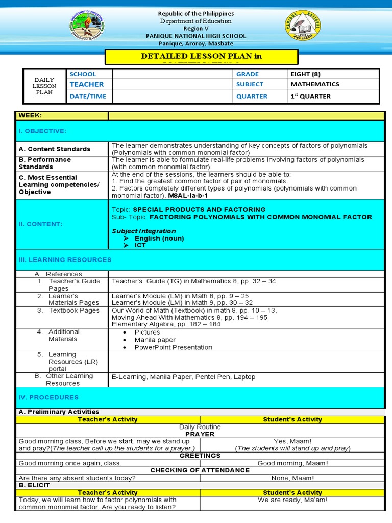 Lesson Plan Common Monomial Factor Pdf Factorization Polynomial