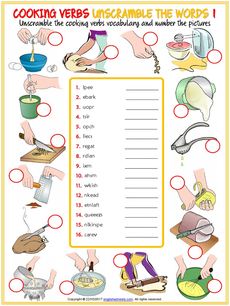 Cooking Verbs Vocabulary Esl Unscramble the Words Worksheets for Kids ...