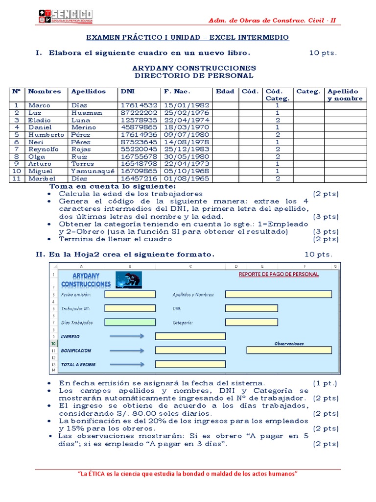 Examen I Unidad - Excel Intermedio | PDF