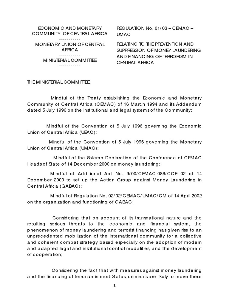 CEMAC Regulation | PDF | Money Laundering | Terrorism Financing