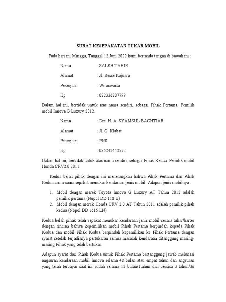 SURAT KETERANGAN Tukar Mobil | PDF | Bisnis | Hukum
