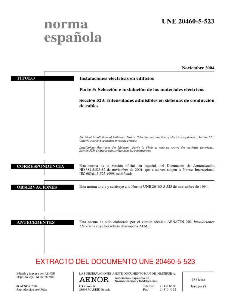 EXT - Une 20460 5-523 ITC-BT-19 | PDF | Corriente eléctrica | Energia electrica