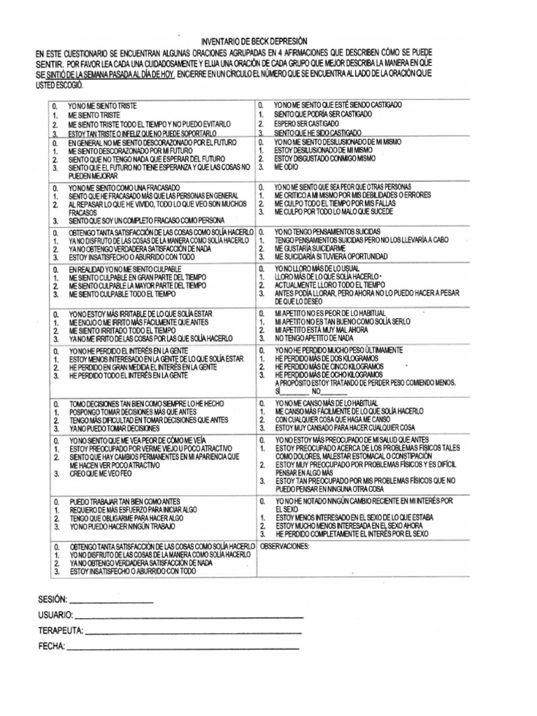 Inventario de Beck Depresión | PDF