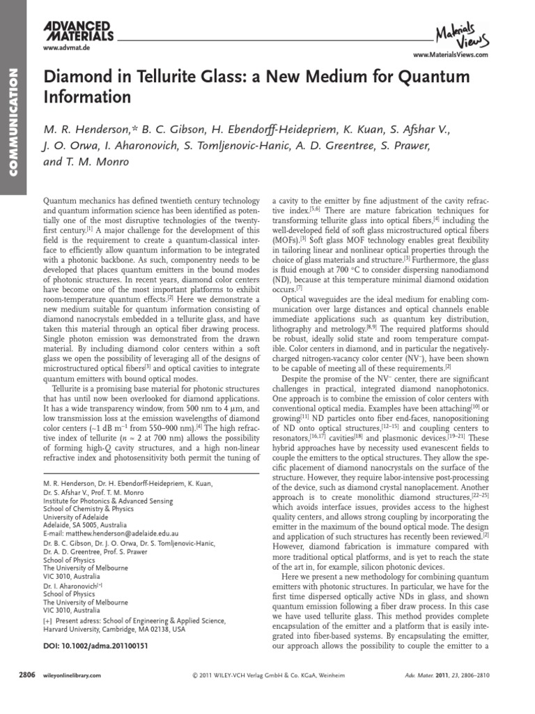Diamond in Tellurite Glass - A New Medium For Quantum Information (Advanced Materials, Vol. 23 ...