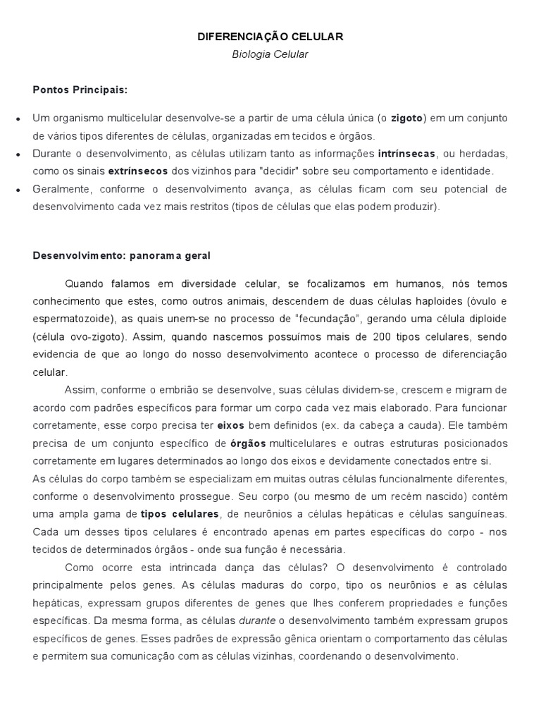 DIFERENCIAÇÃO CELULAR - Bio Cel | PDF | Célula (Biologia) | Potência ...