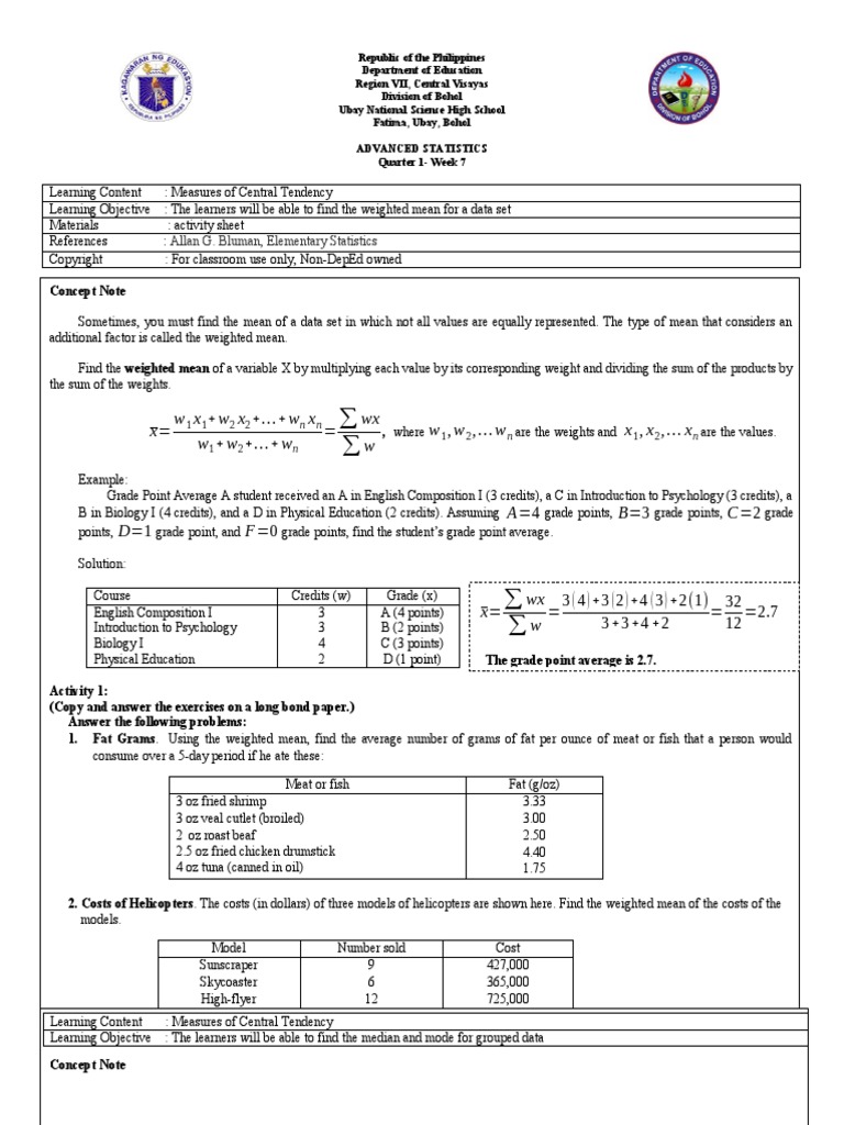 Advstat wk7 | PDF | Mean | Weighted Arithmetic Mean