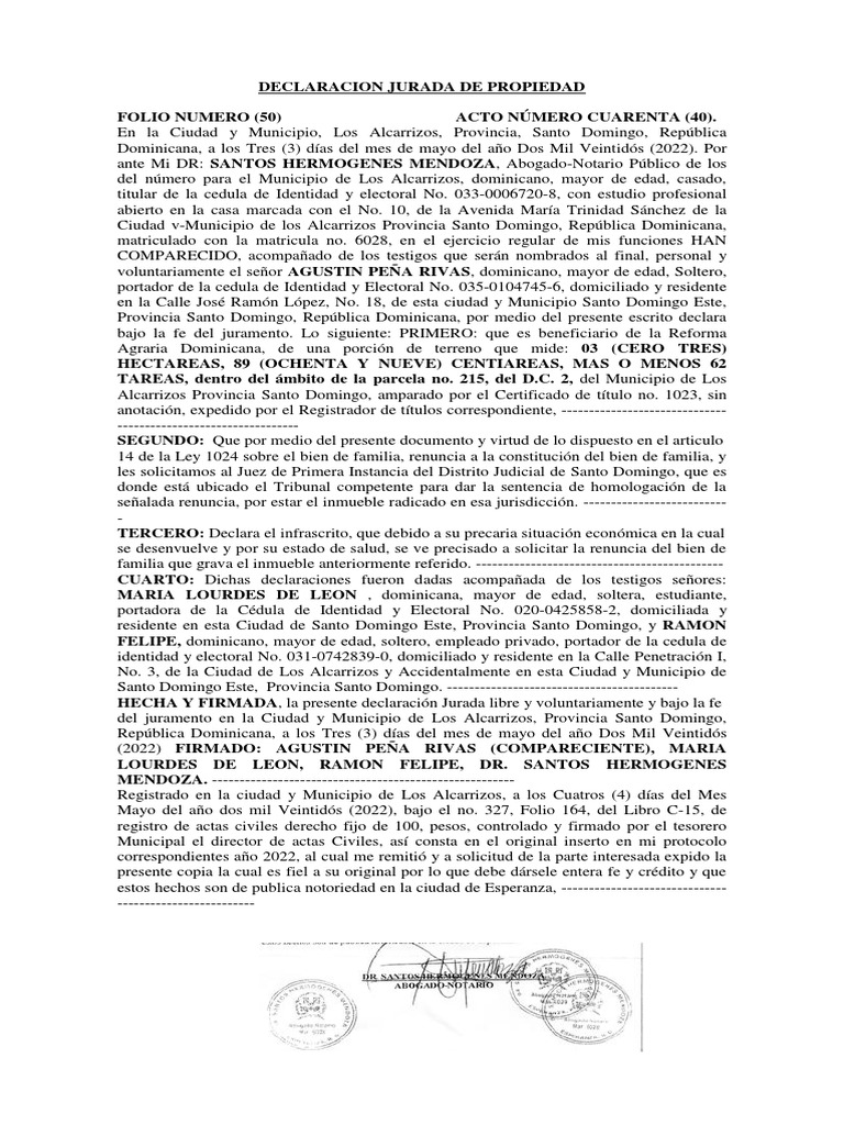 Declaracion Jurada de PROPIEDAD | PDF | República Dominicana | Justicia