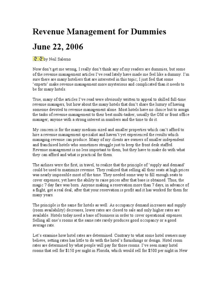 Revenue Management For Dummies | PDF | List Price | Hotel