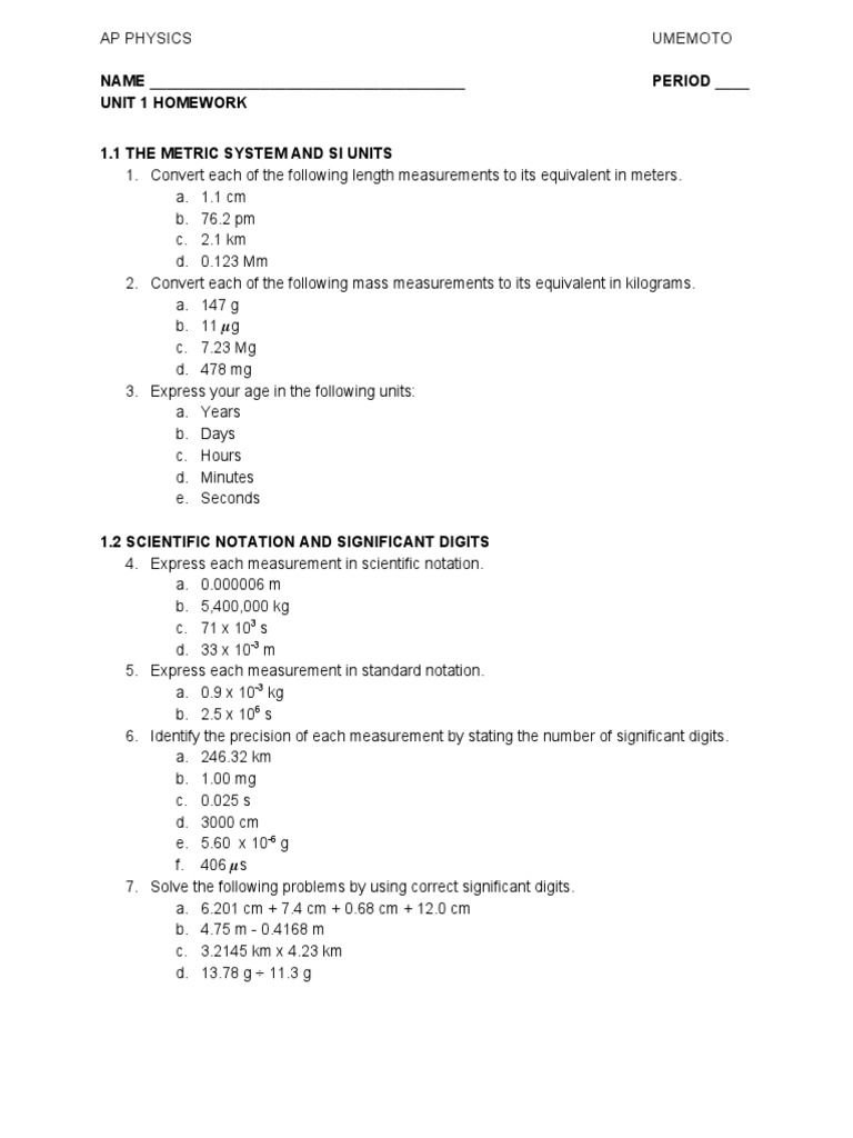 Ap Physics Unit 1 Homework | PDF | Kilogram | Measurement