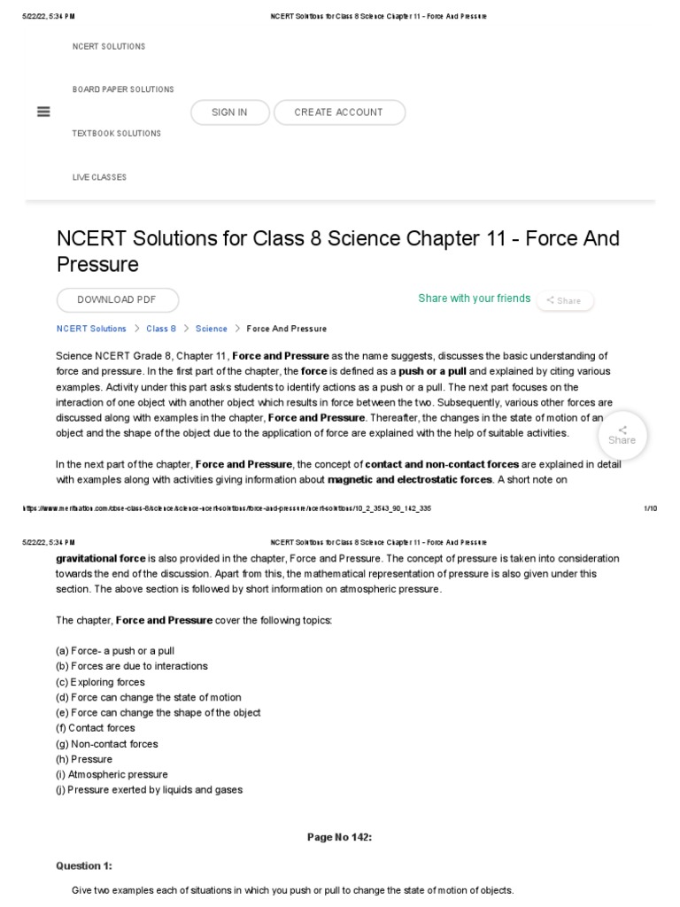 Merination - 4NCERT Solutions For Class 8 Science Chapter 11 - Force and Pressure | PDF | Force ...