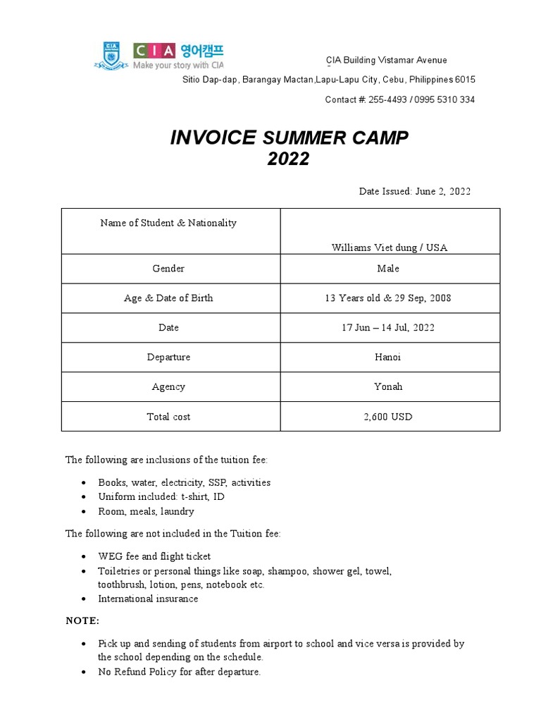 Invoice Summer Camp 2022 | PDF