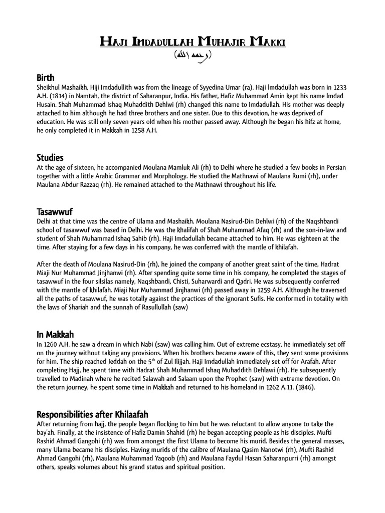 Haji Imdadullah Muhajir Makki: A Biography | PDF | Sufism | Islamic ...