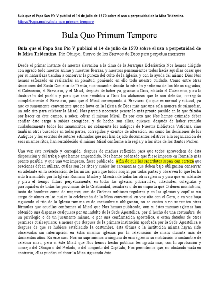 Bula Que El Papa San Pío V Publicó El 14 de Julio de 1570 Sobre El Uso ...