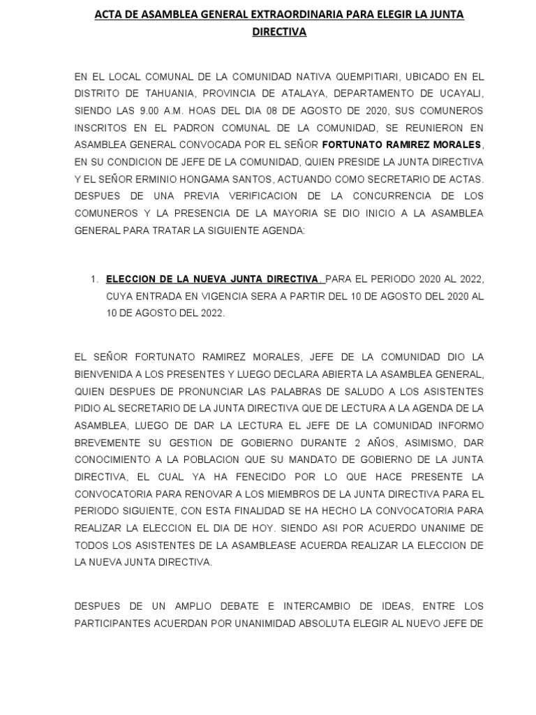 Acta de Asamblea General Extraordinaria para Elegir La Junta Directiva | PDF | Gobierno