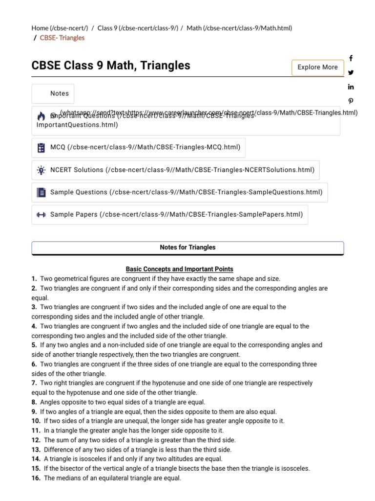 CBSE 9 Math CBSE - Triangles, Free Test Papers, Sample Questions, HOTS ...