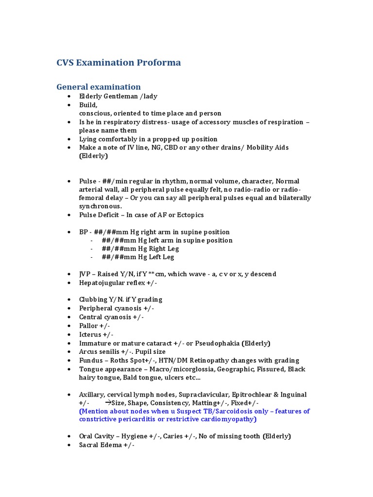 CVS Examination Proforma | PDF | Cardiovascular System | Medical ...