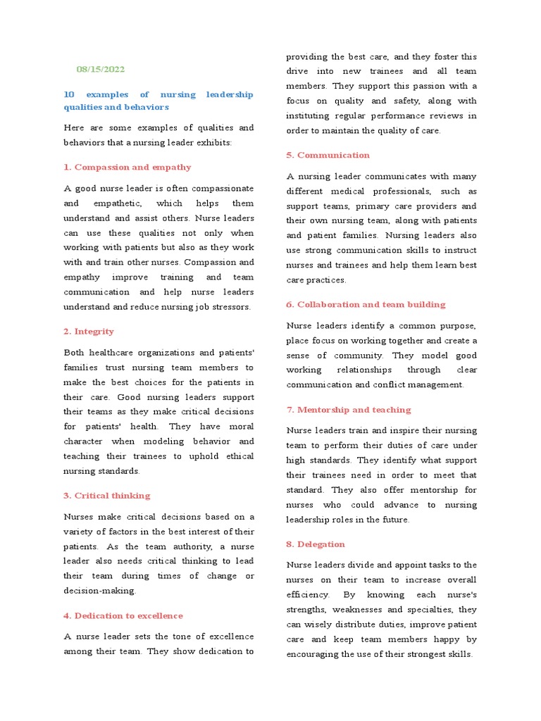 Nursing Leadership Qualities Explained | PDF | Leadership | Nursing