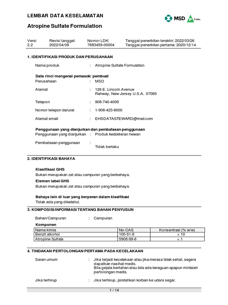Product - Safety-Data-Sheets - Ah-Sds - Atropine Sulfate Formulation - AH - ID - ID | PDF