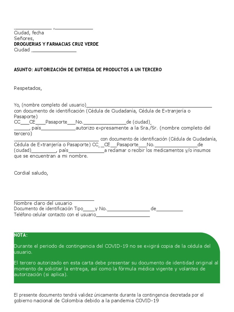 Autorización para Reclamar Medicamentos Cruz Verde | PDF
