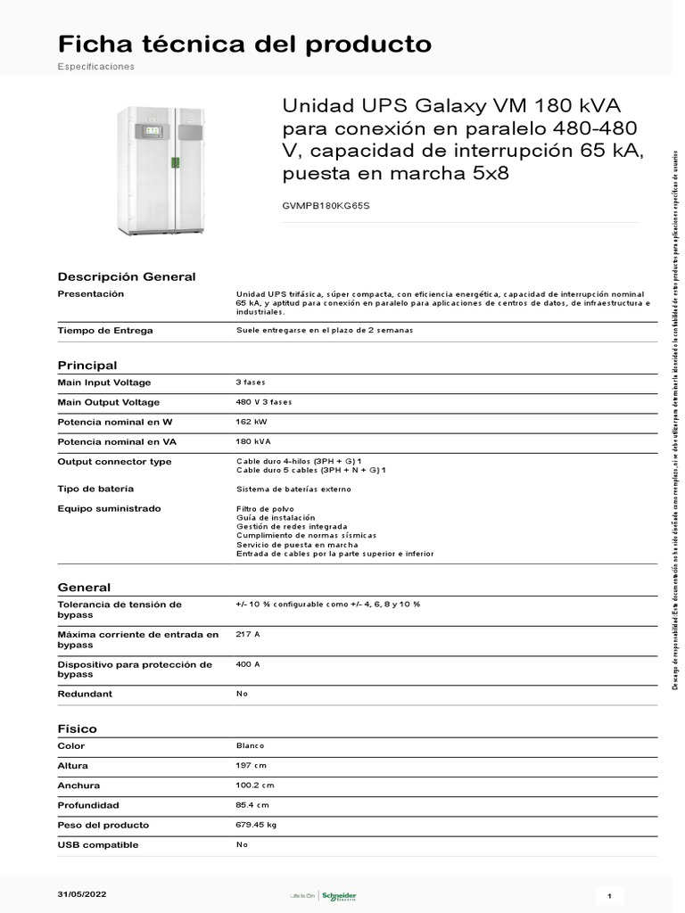 UPS Galaxy VM 180 kVA: Ficha Técnica | PDF | Cantidades fisicas | Electromagnetismo