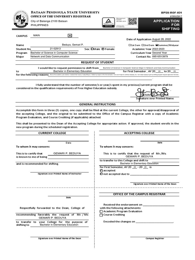 ROF-031 Application for Shifting Fillable Form | PDF | Bachelor's ...