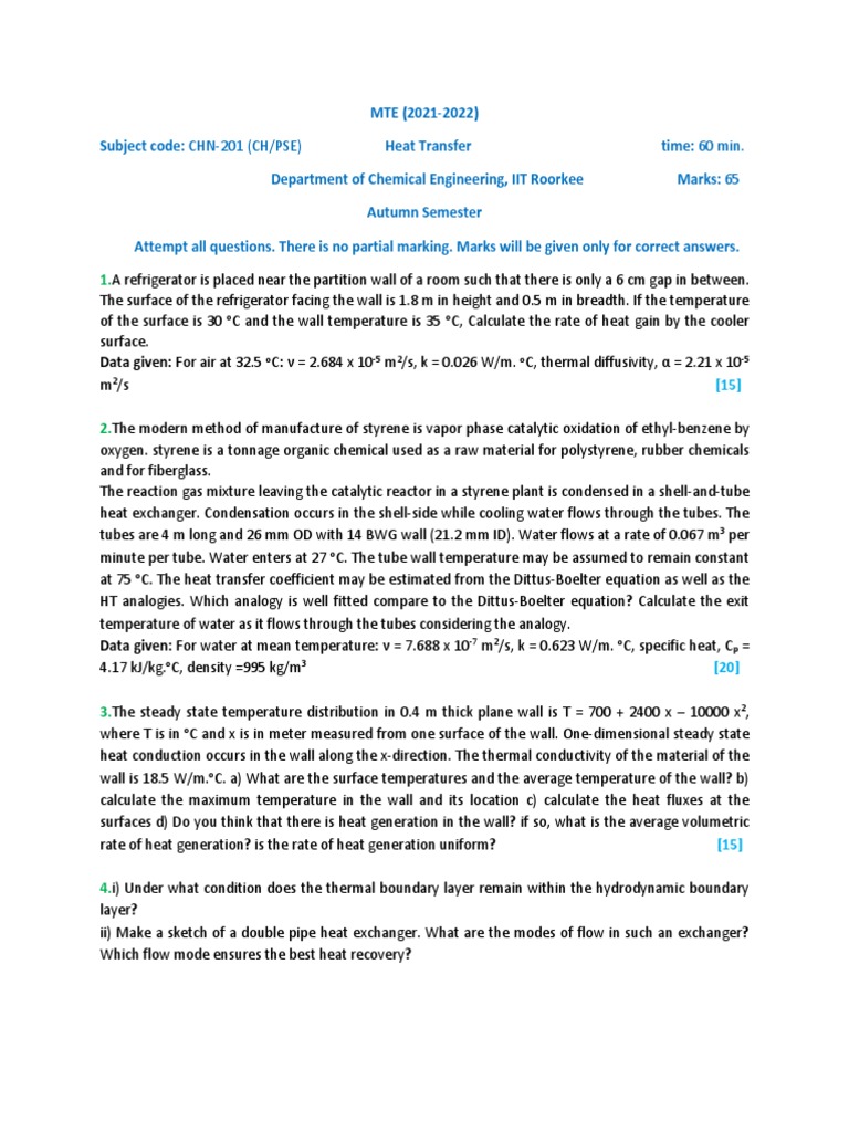 Q Paper - MTE CHN 201 - HT 2021 2022 - 1 | PDF | Heat Transfer | Heat