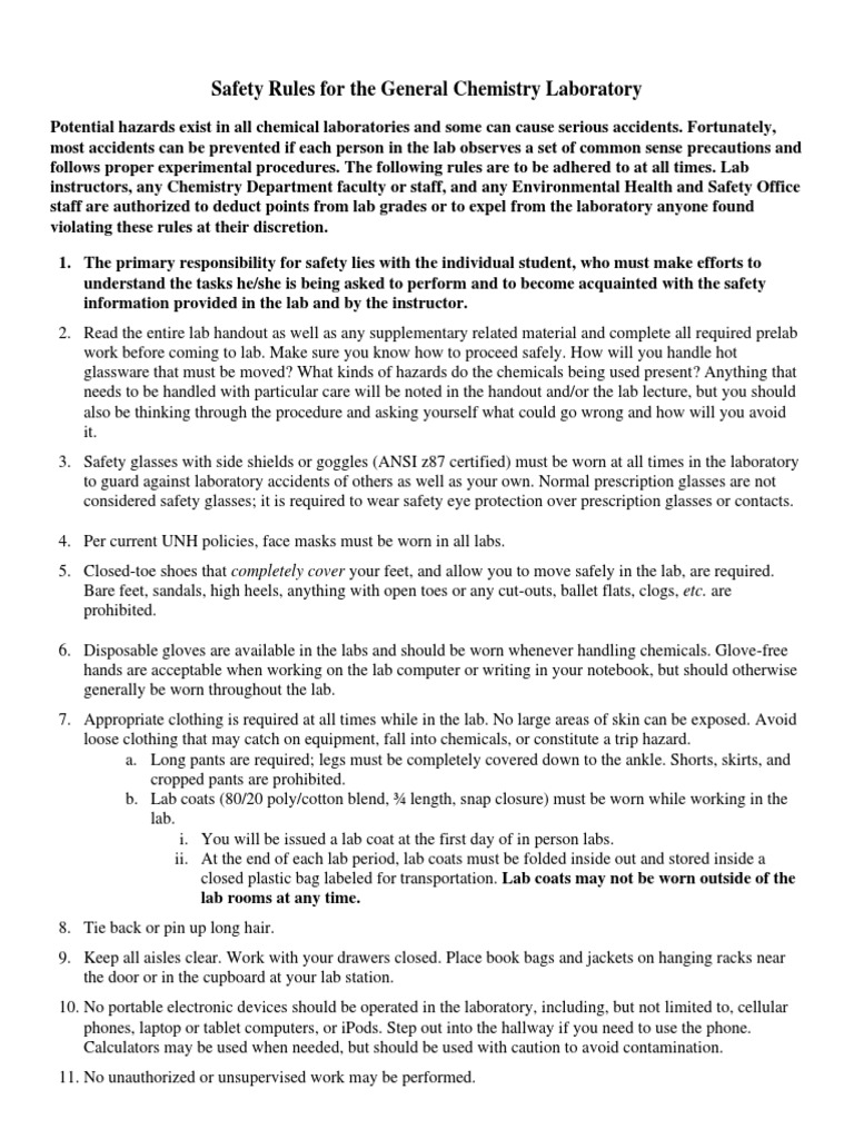 Safety Rules For The Chemistry Laboratory | PDF | Laboratories | Safety