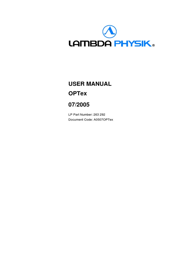 Lambda Physik OPTex Excimer Laser - Service Manual | PDF | Laser