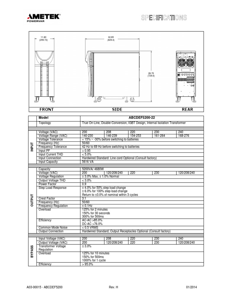 Powervar Abcdef5200 22 Specs | PDF | Electromagnetism | Electricity