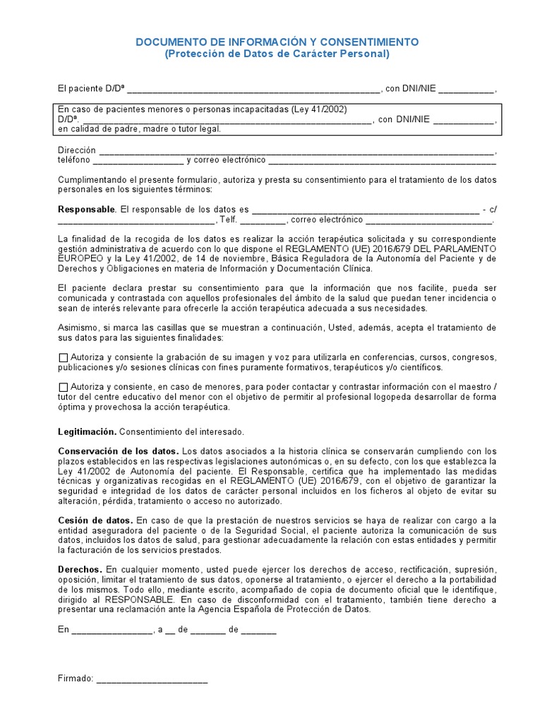 Modelo Consentimeinto para Tratamiento de Datos Personales Proteccion-Datos-Paciente | PDF ...