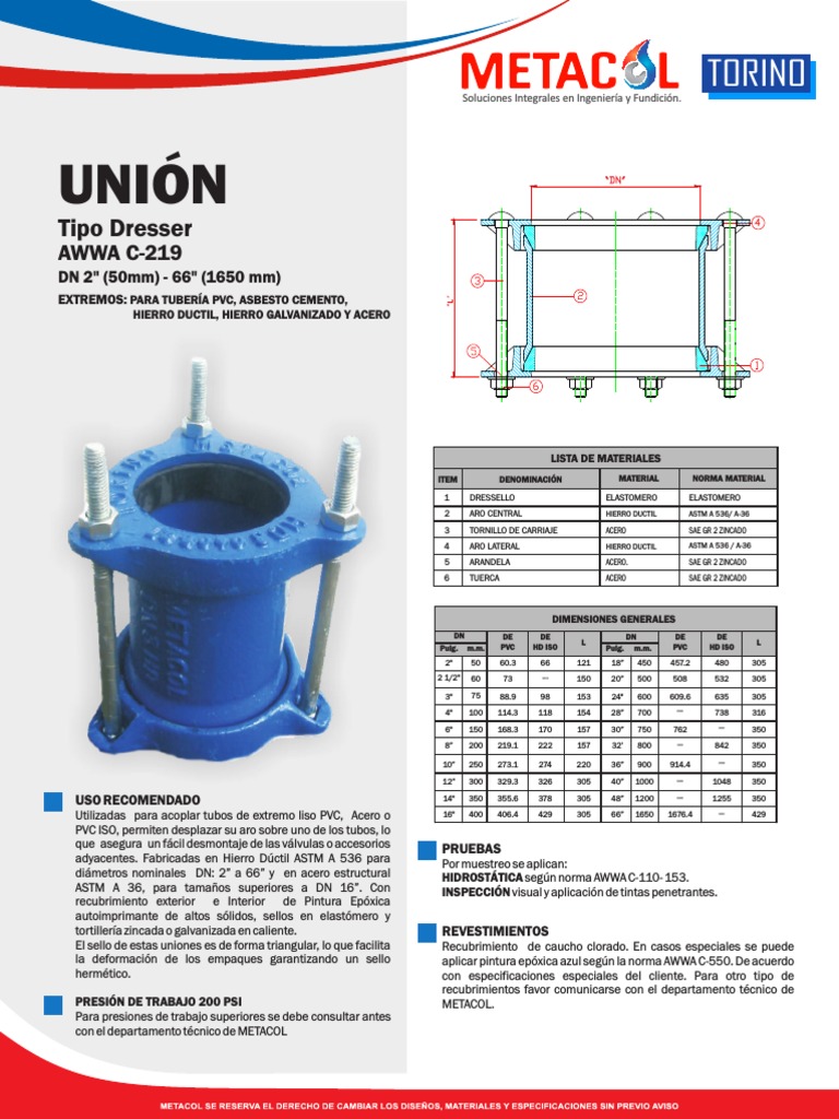 Uniones Dresser: Especificaciones y Usos | PDF | Materiales | Química