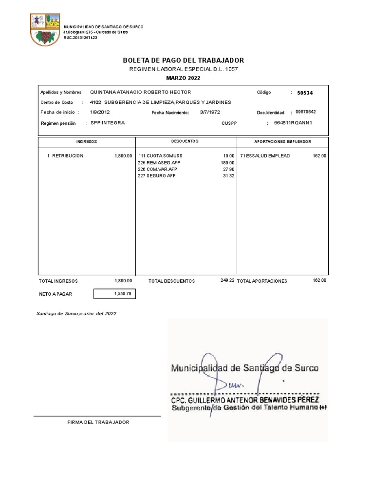 Boleta de Pago Del Trabajador: Regimen Laboral Especial D.L. 1057 | PDF