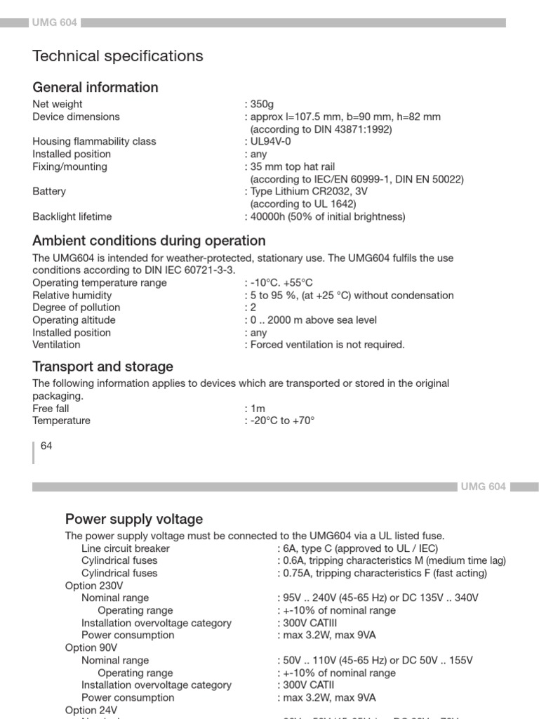 UMG 604 Technical Specifications Guide | PDF | Fuse (Electrical) | Mains Electricity