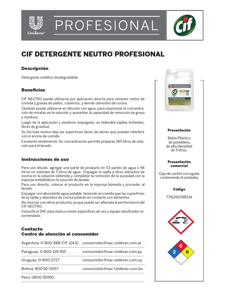 Cif Detergente Neutro Profesional: Descripción | PDF | Agua | Detergente