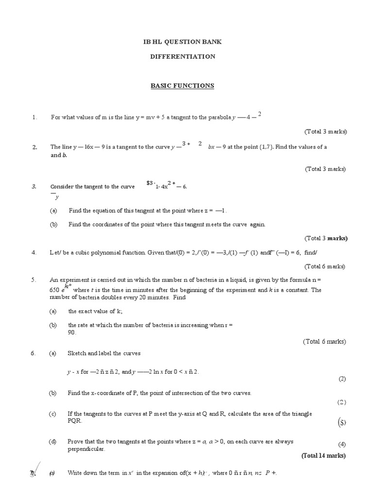 Ib Math HL Differentiation Past Exam Question | PDF | Tangent ...