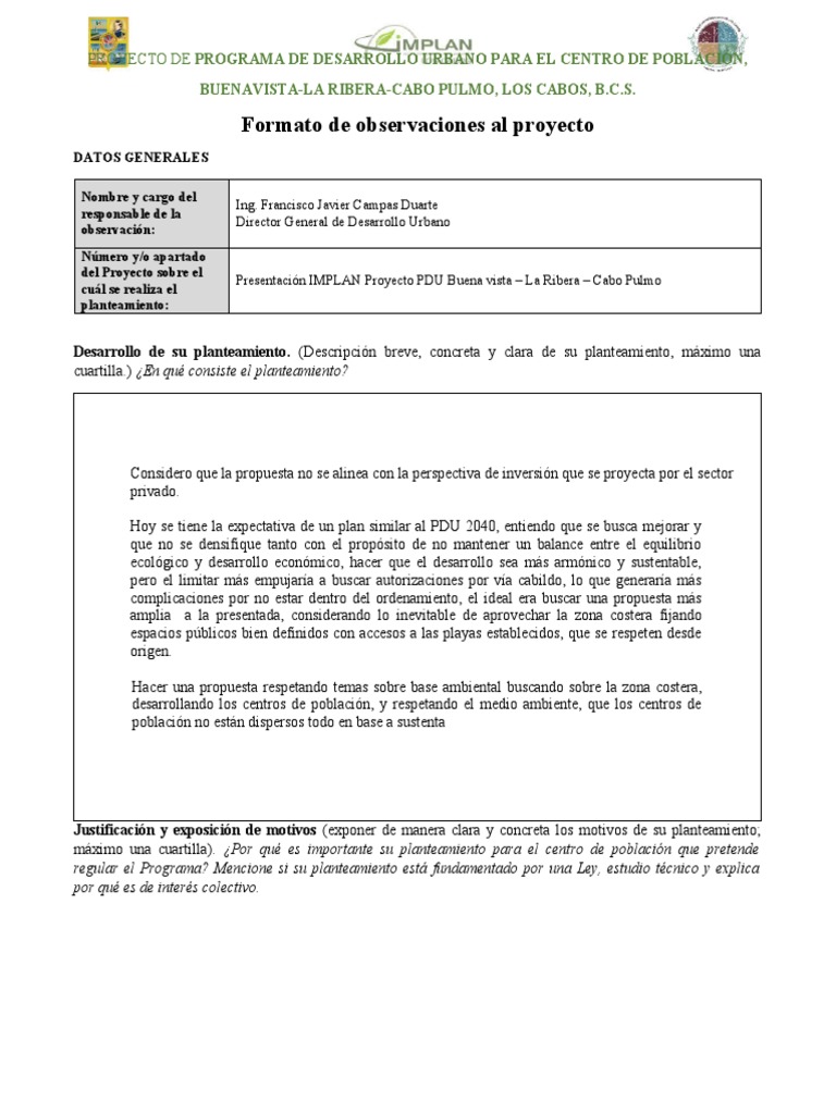 Formato de Observaciones Al Proyecto PDUCP Buenavista-La Ribera-Cabo Pulmo | PDF