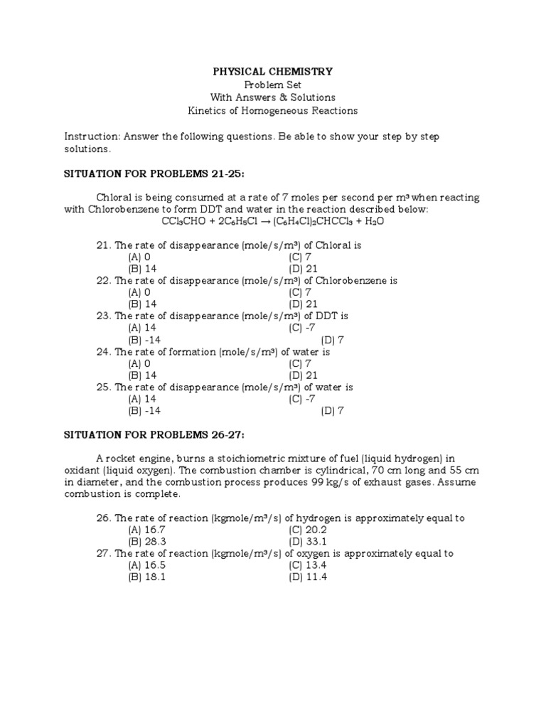 Physical Chemistry - Problem Set - Kinetics of Homogeneous Reactions ...