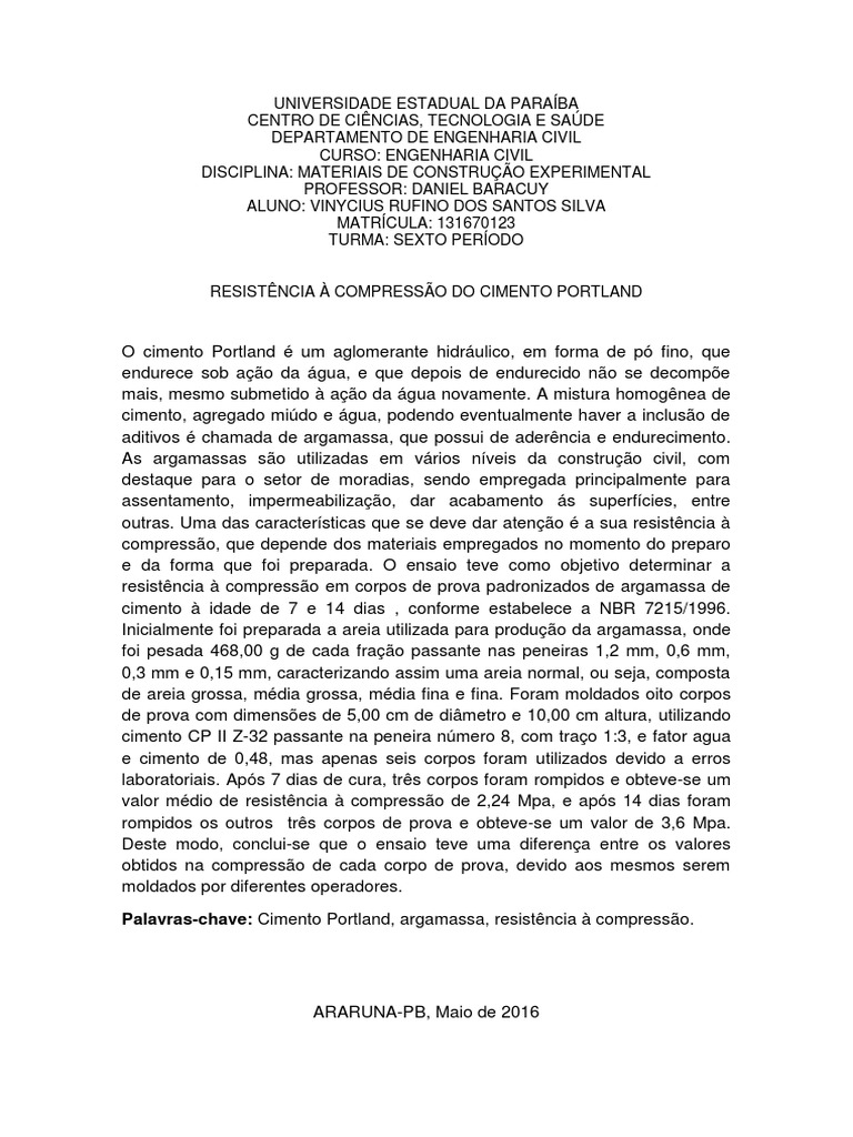 Relatório 8 Resistência à Compressão Do Cimento Portland Pdf