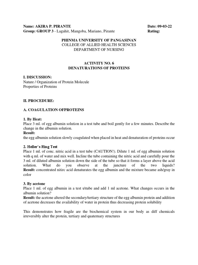 Lab Activity 6 Denaturation of Proteins | PDF | Denaturation (Biochemistry) | Acid