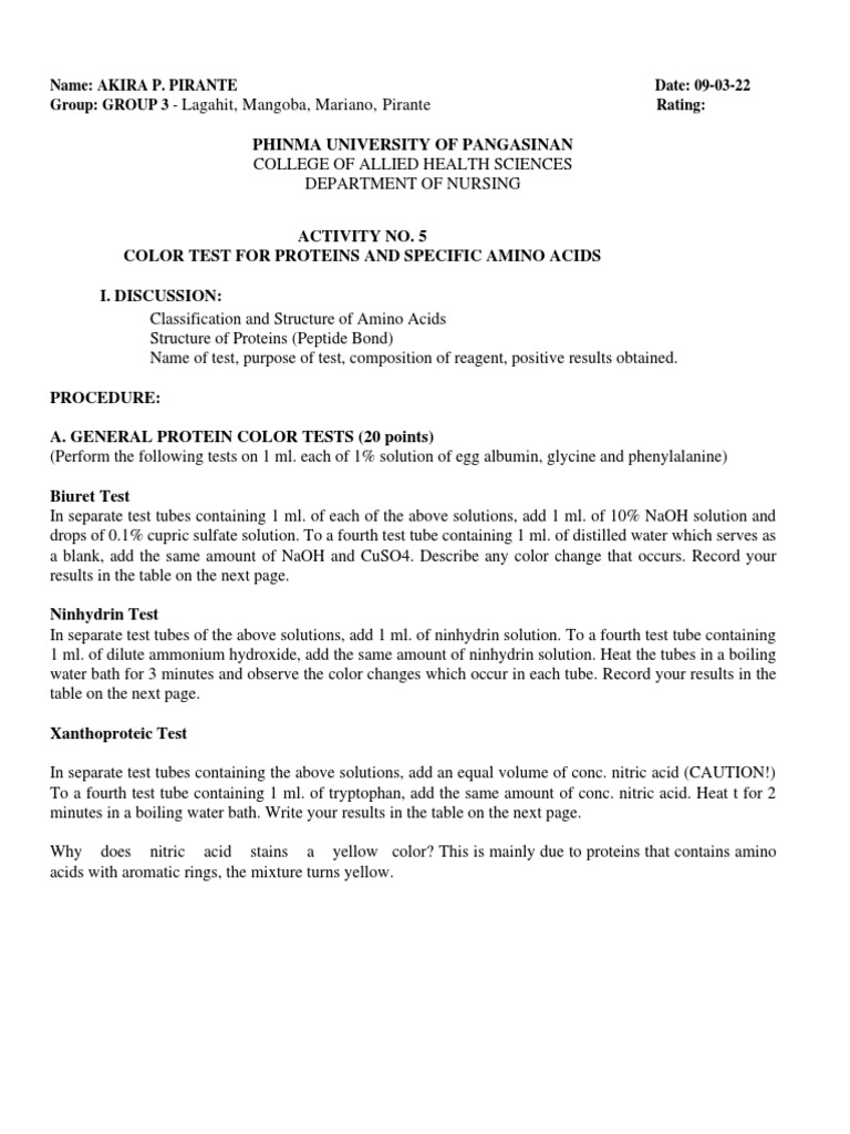 Color Tests for the Identification of Specific Amino Acids in Proteins ...