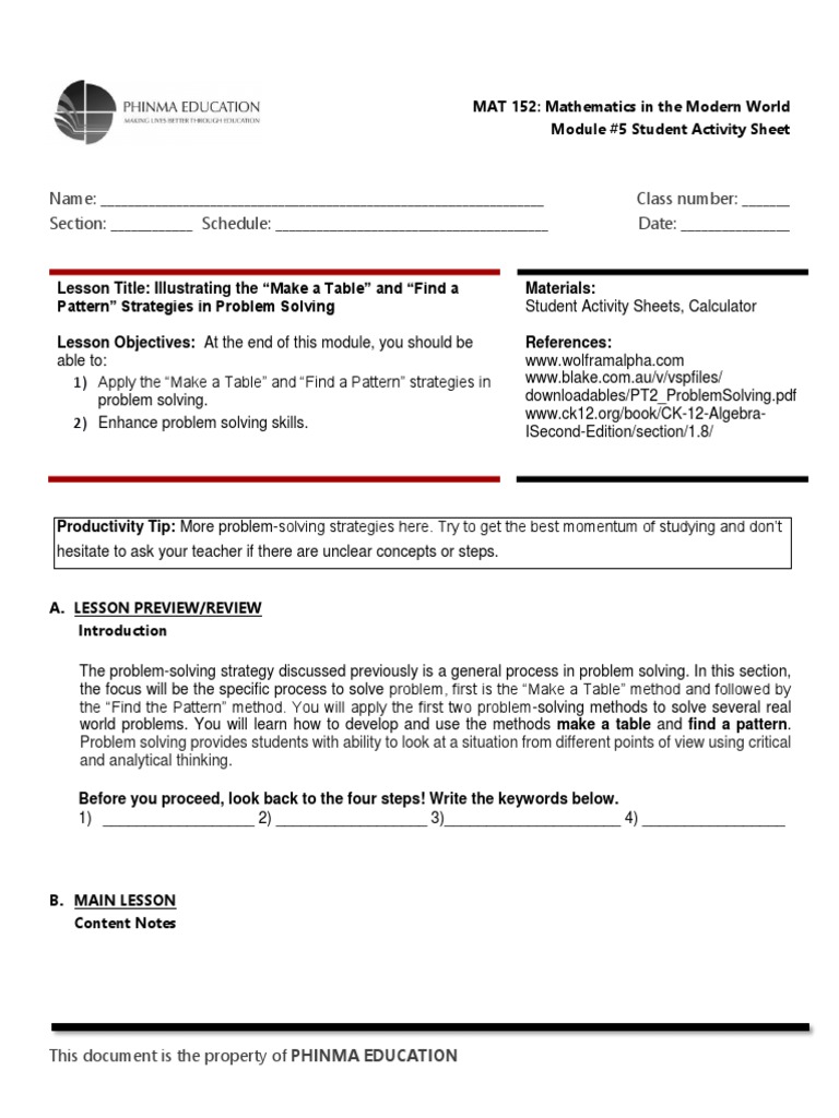 SAS05 MAT 152 - Table and Patterns | PDF | Cognition | Cognitive Science