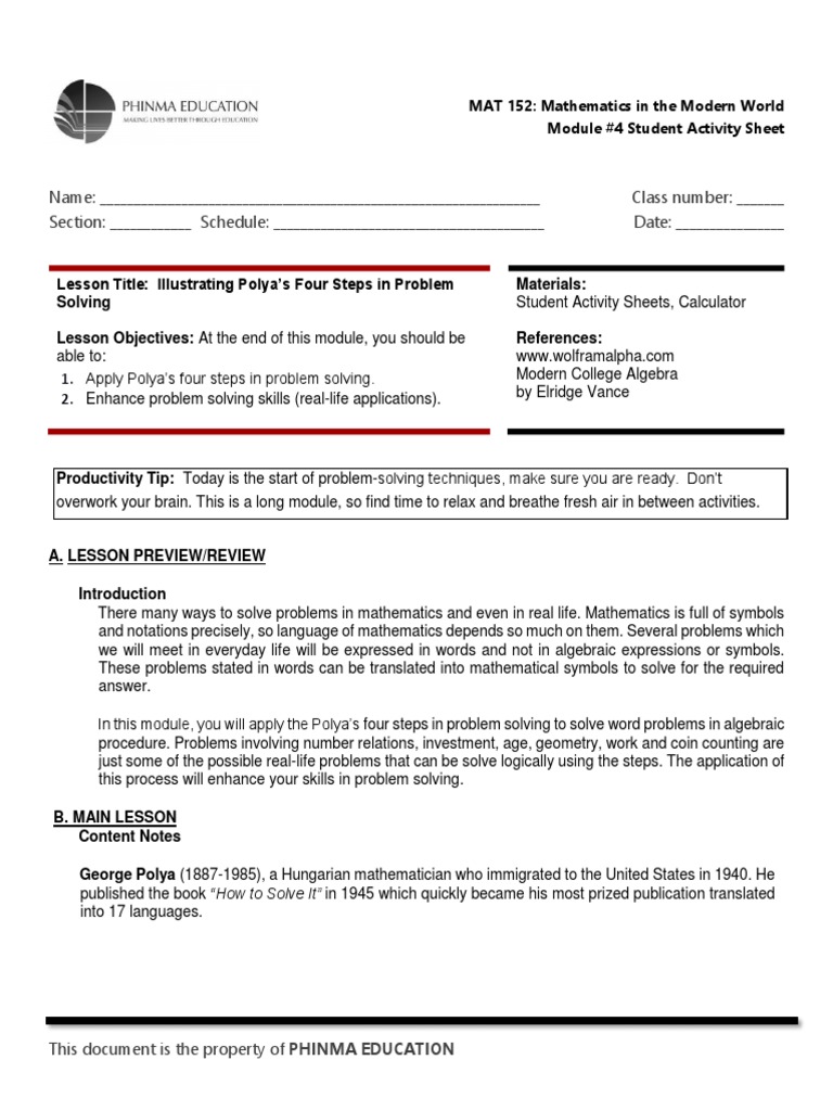 SAS04 MAT 152 - Polya Problem Solving | PDF SAS04 MAT 152 - Polya Problem Solving | PDF