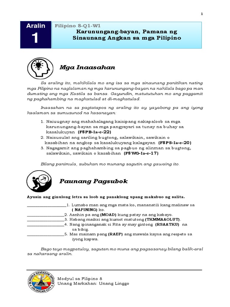 Filipino 8 Q1 Week 1 | PDF