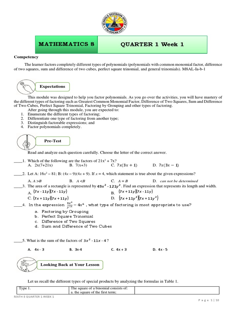 Math 8 Q1 Week 1 | PDF | Factorization | Polynomial