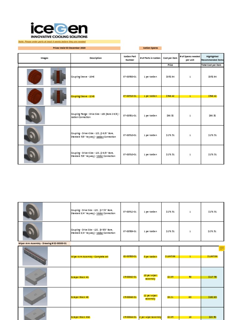 IceGen Spare Parts Order Guide | PDF | Pressure | Bearing (Mechanical)