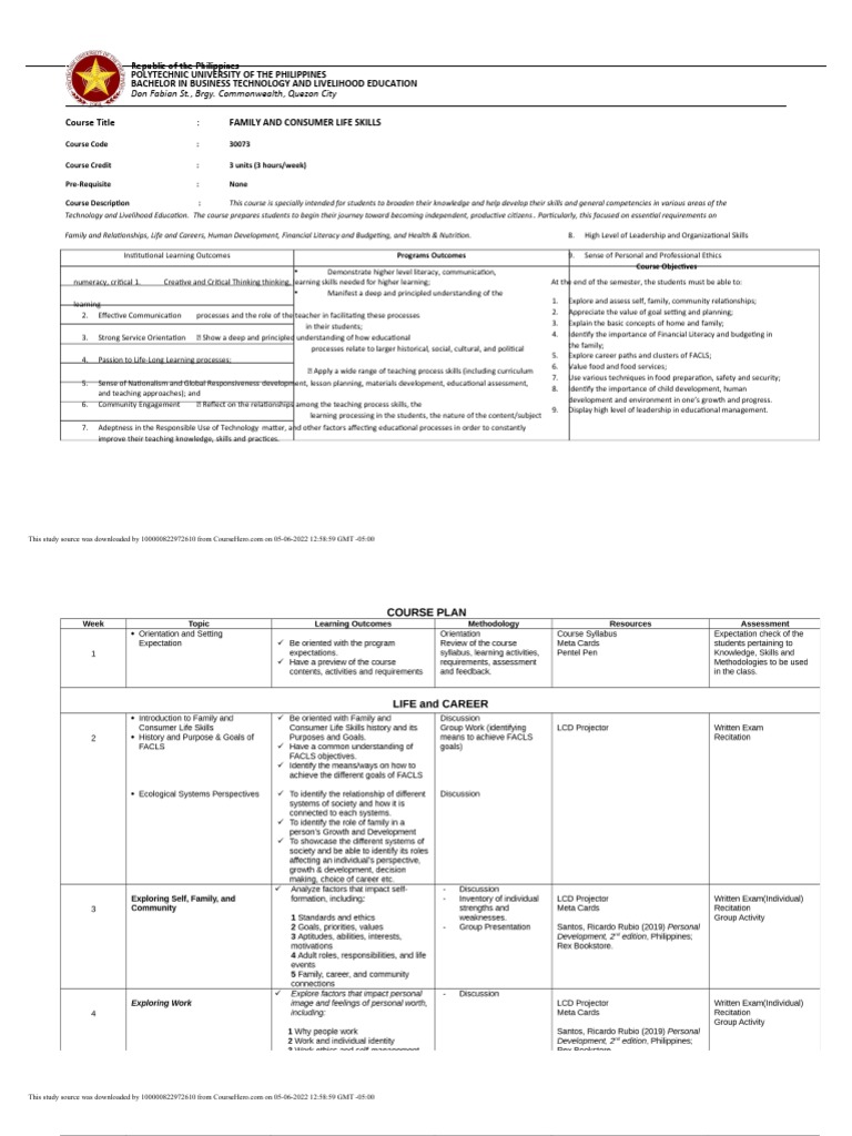 Family and Consumer Life Skills Syllabus SY 2021 22 | PDF | Teaching ...