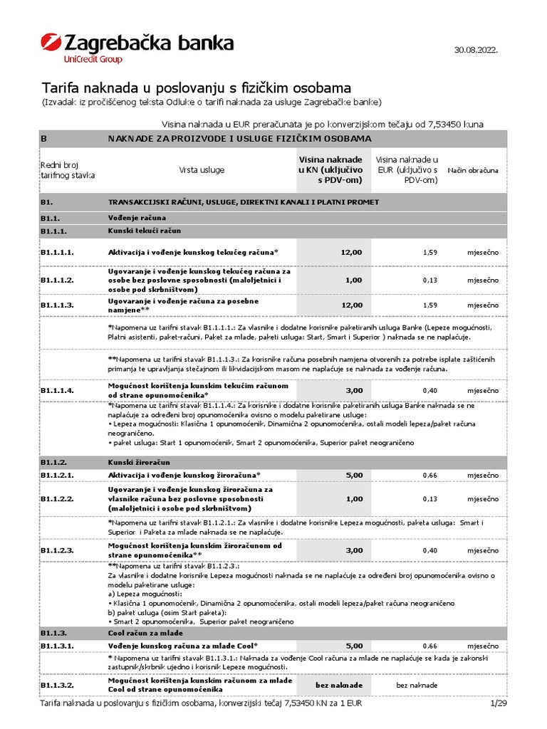 Izvadak Iz Odluke o Tarifi Naknada U Poslovanju S Fizickim Osobama Primjena Od 30.8.2022 S ...