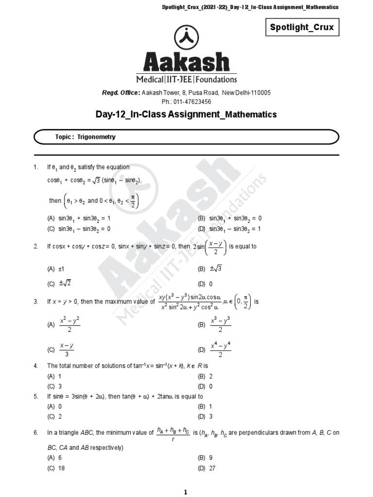 Spotlight Phase 6 2020 21 Day 12 in Class Assi | PDF | Trigonometric Functions | Triangle
