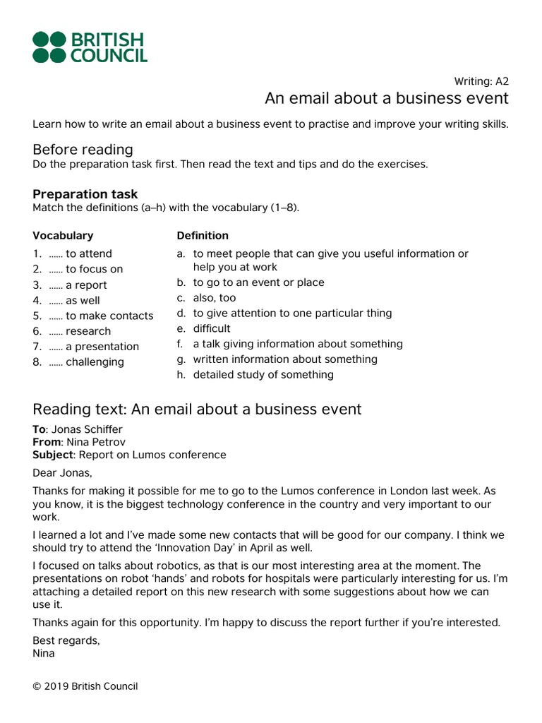 Writing-A2-An-email-about-a-business-event 2 | PDF | Communication ...